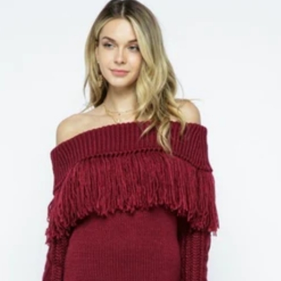 Sweaters | Vintage Red Crochet Knit Foldover Off The Shoulder Wool ...